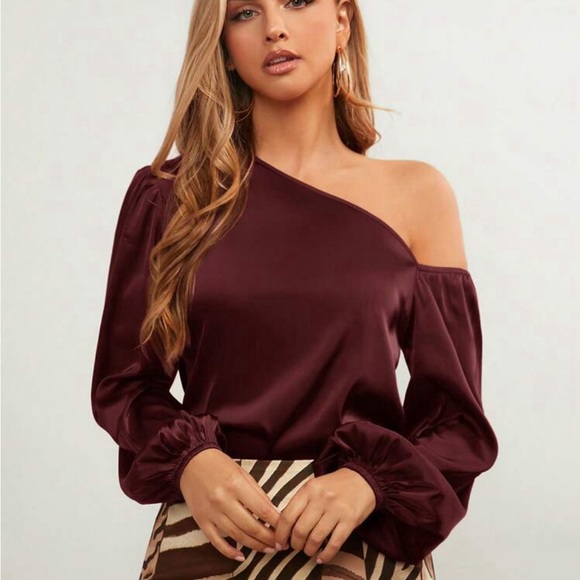 Tops | Luxe Satin Asymmetrical Neck Off One Shoulder Long Sleeve Satin ...